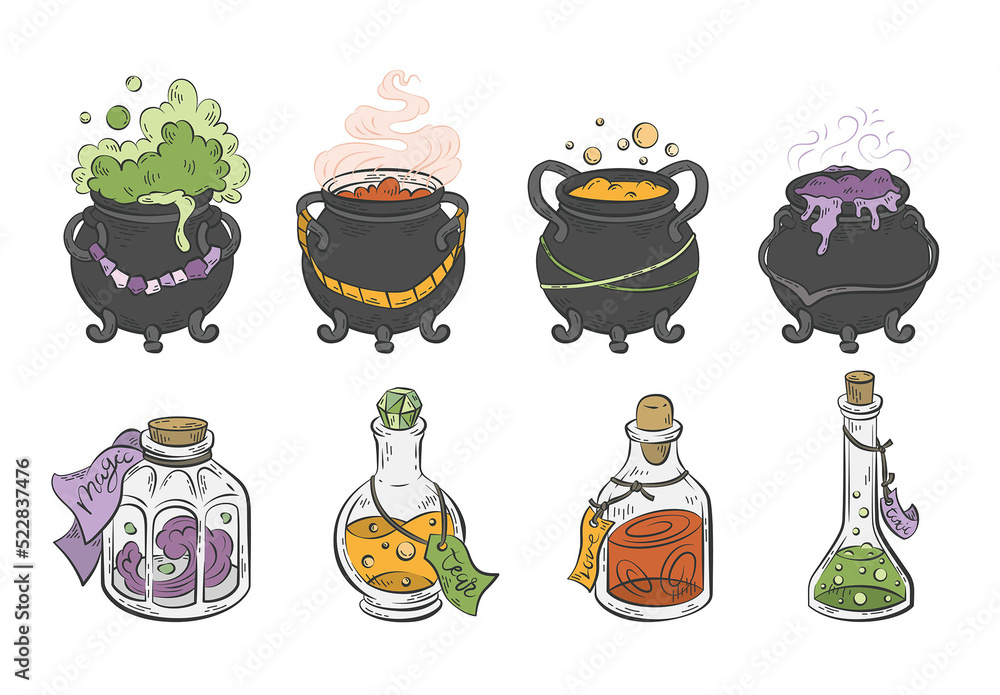 Magic Potion Spell Jars Witch Cauldron Halloween Vector Clipart Stock ...