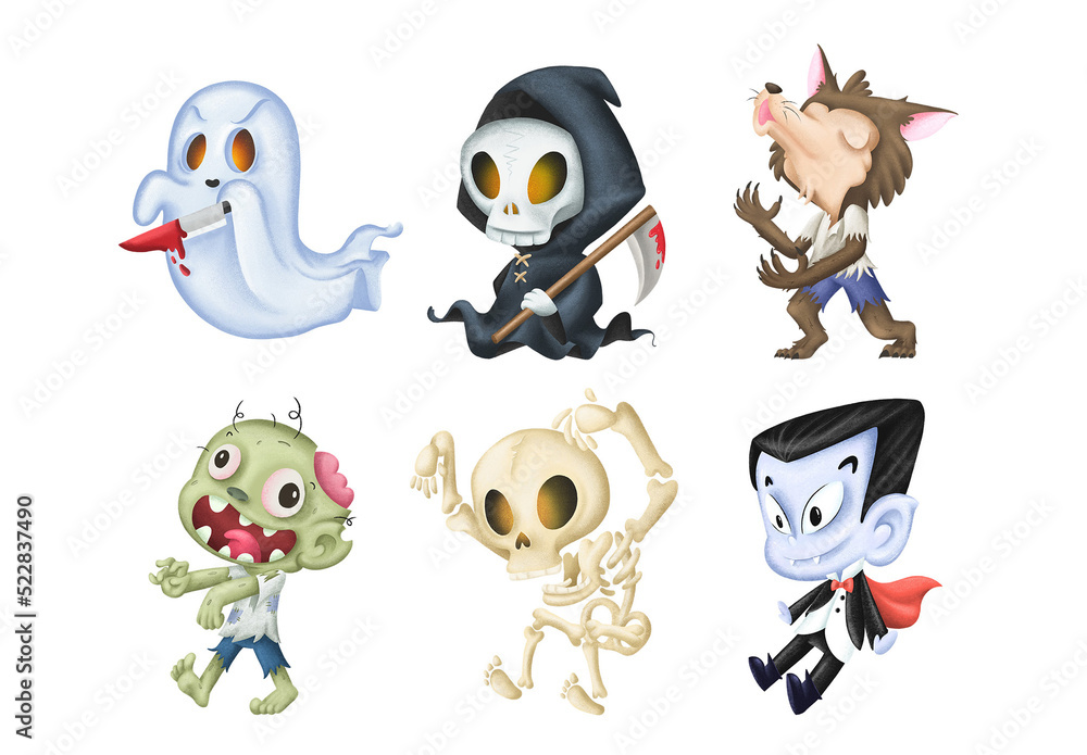 Halloween Ghost Werewolf Zombie Skeleton Vampire Grim Reaper Character ...