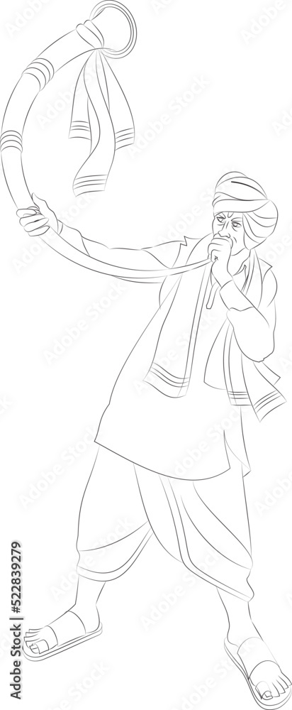 Indian man playing tutari or trumpet on auspicious occasion like Ganesh ...