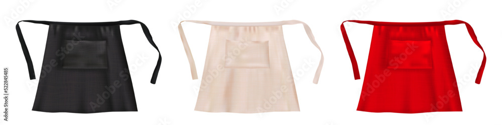 Set of realistic blank short apron mockups with fabric texture isolated ...