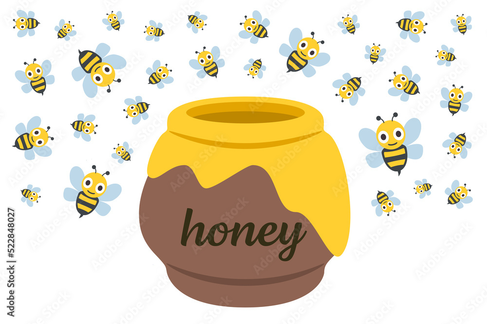 honey pot amid bee pattern,illustration isolated on transparent ...