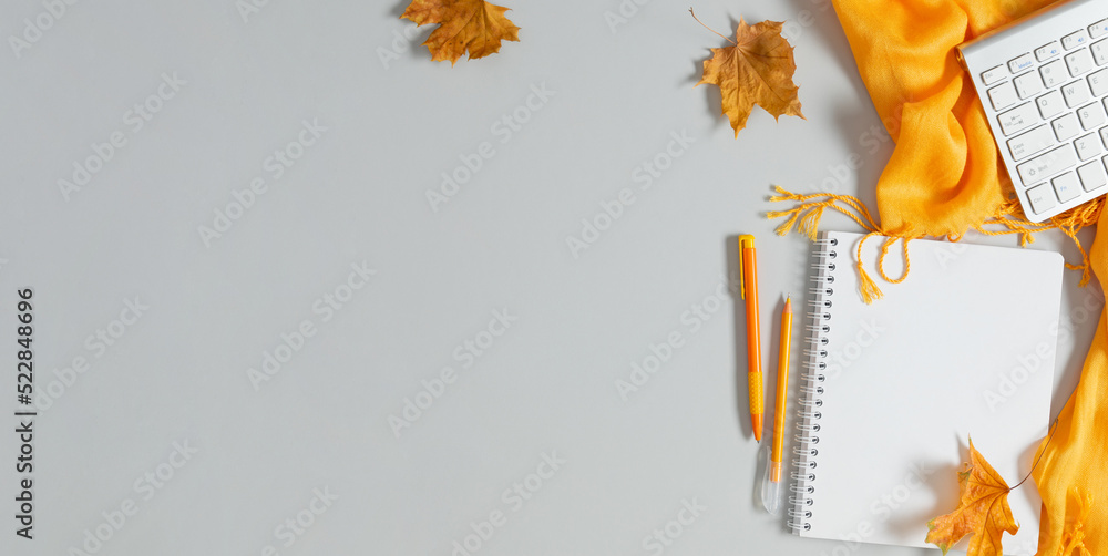 Autumn composition. Home office workspace, female desk with empty ...