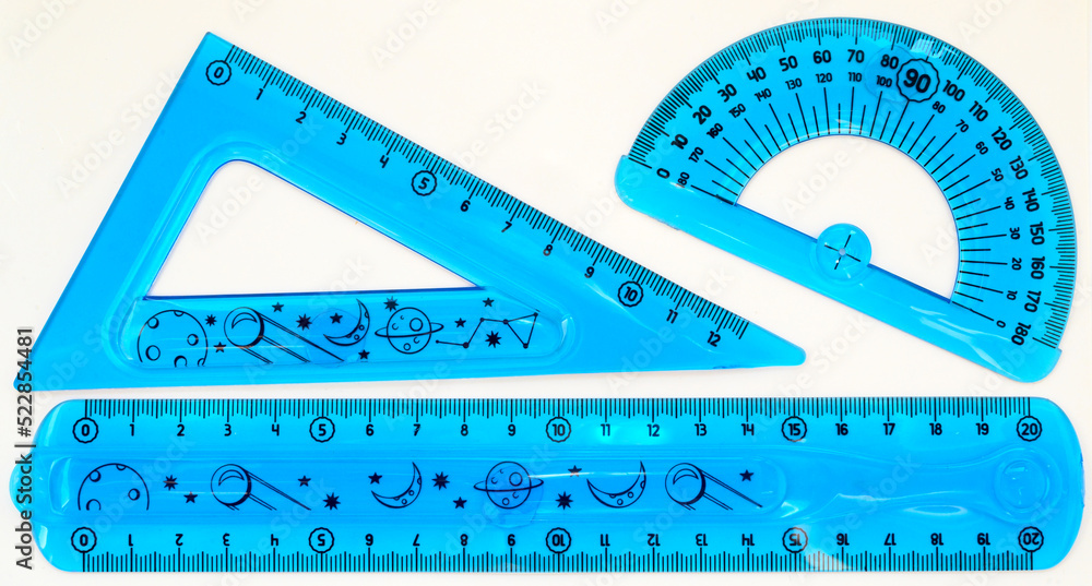 triangular ruler and blue protractor for school on white background ...