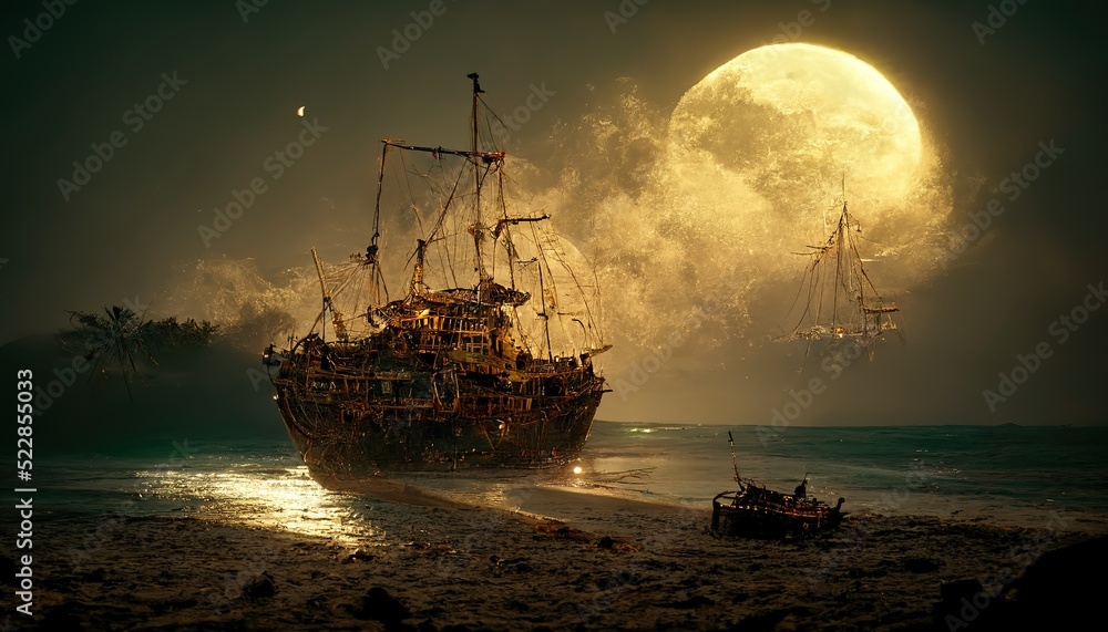Raster illustration of old wooden ship near the sea shore. Full moon in ...