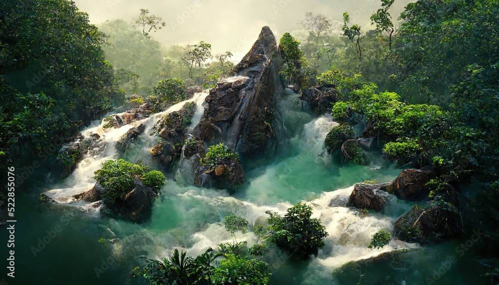 Raster illustration of mountain river in the rainforest. Rapids in ...