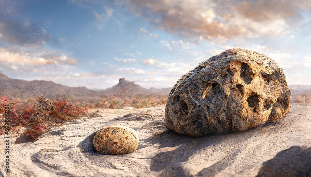 Raster illustration of rocks lying on the sand with mountains in the ...