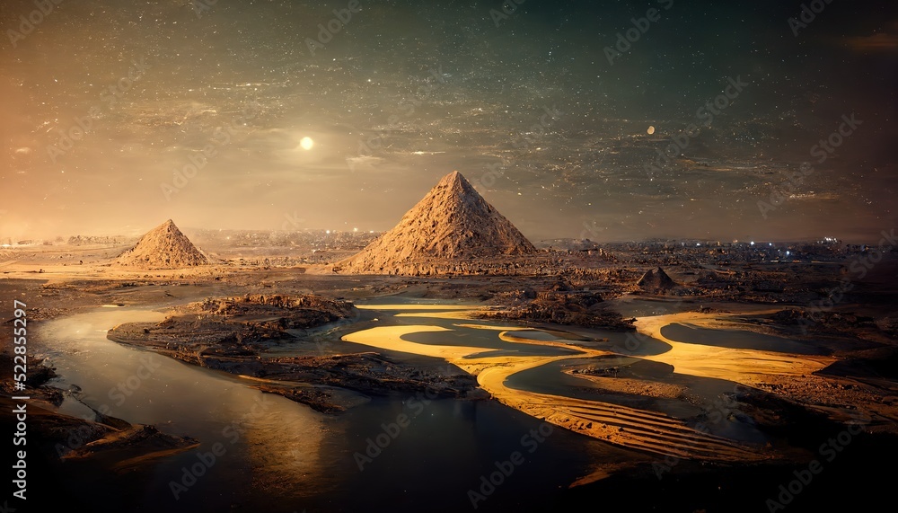 Night view of ancient pyramids near desert oasis. Starry sky with full ...