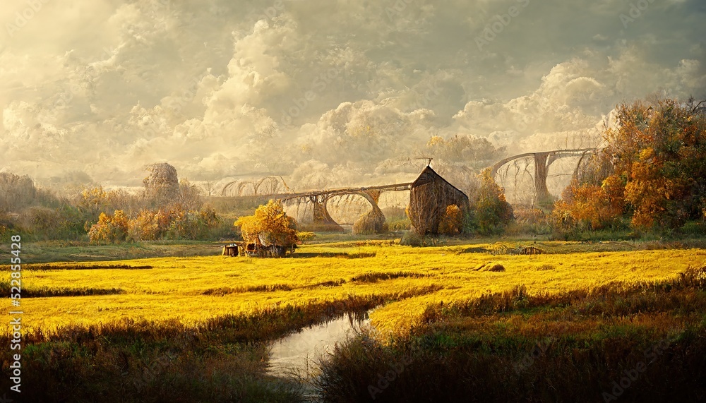 Raster illustration of a beautiful golden wheat field with a bridge in ...