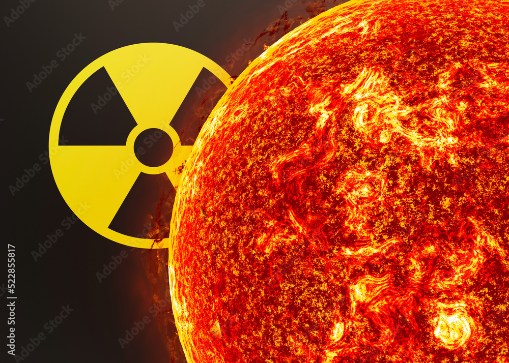 Nuclear energy radioactive round yellow symbol and nuclear explosion on ...