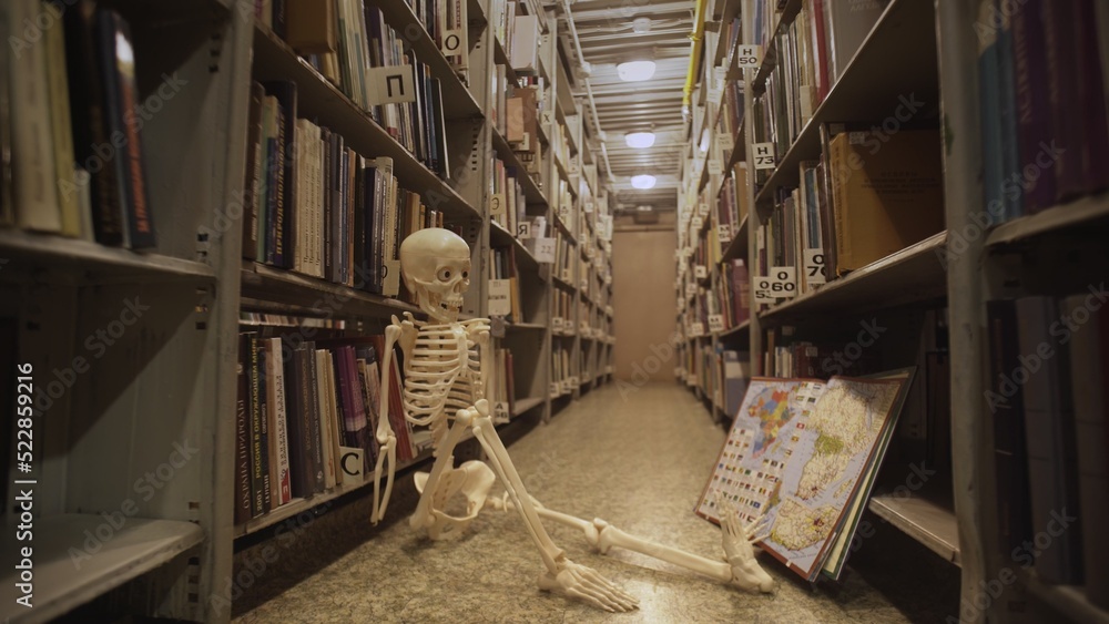 Foto de 4K. A skeleton in the library with old books on the shelves do ...