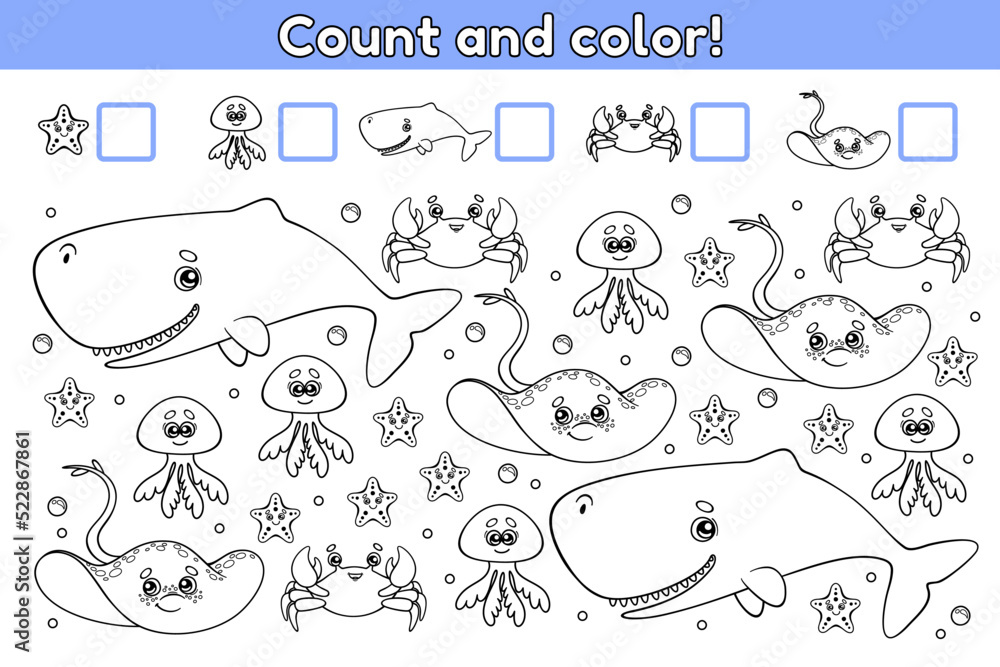 Educational mathematical game. Count the number of sea animals. Mini ...