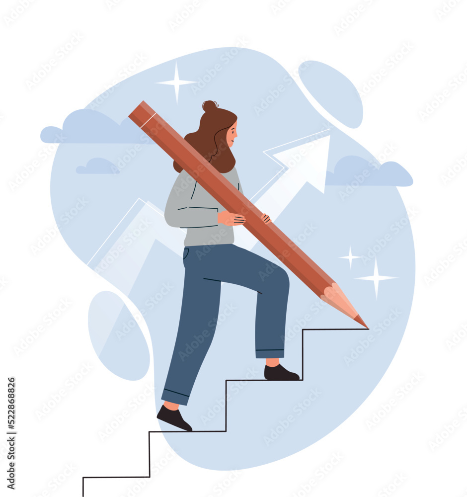 Vetor de Next steps concept. Woman draws ladder with pencil and climbs ...