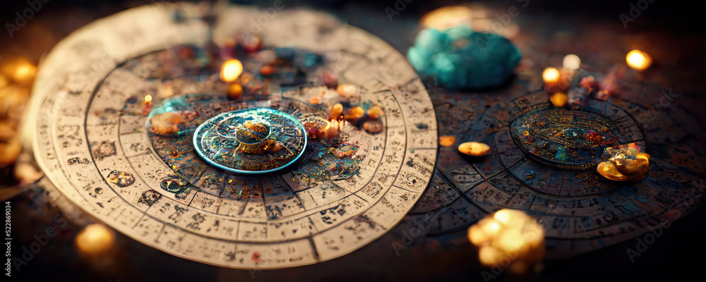 Backdrop of sacred zodiac symbols, astrology, alchemy, magic, sorcery ...