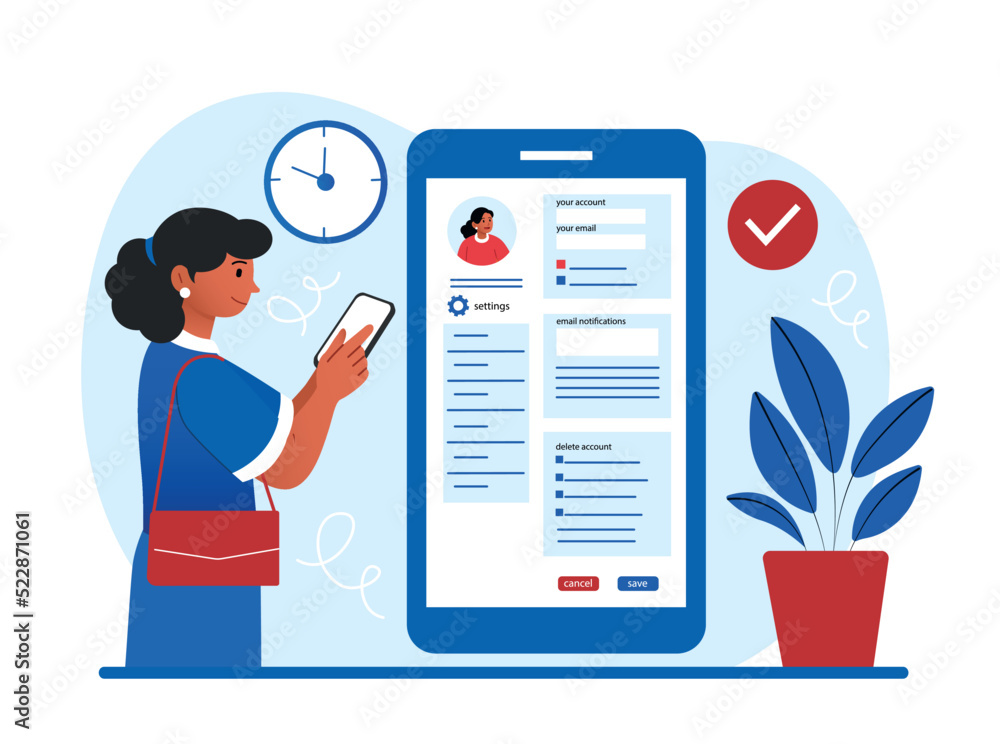 Personal settings concept. Woman with smartphone in hands enters ...