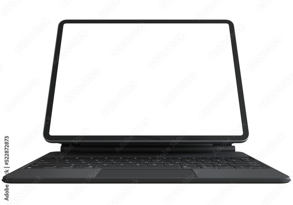 Modern tablet computer stand keyboard with blank screen isolated on ...