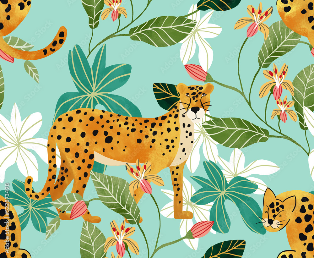 Safari animal wallpaper design for kids room, cheetah and plants ...