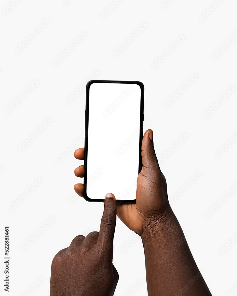 Black hand holding phone facing camera isolated on white background ...