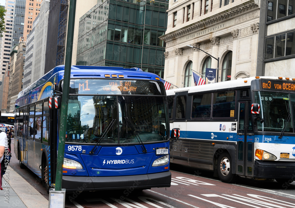 New York, New York, USA - August 10, 2022: M1 Bus on Fifth Avenue. People can be seen. Stock ...