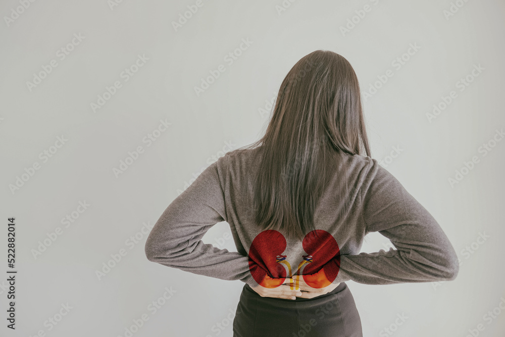 Back view of woman suffering from lower back pain with kidney shape ...