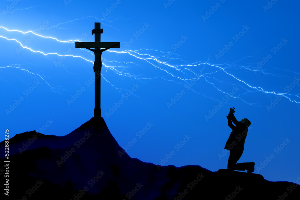 Man praying on his knees in the middle of a storm Stock Photo | Adobe Stock
