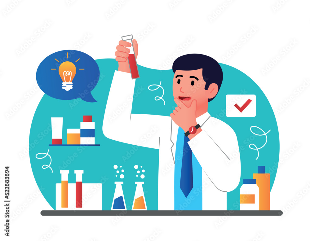 Creative experiment in lab. Man displaces chemicals and reagents ...