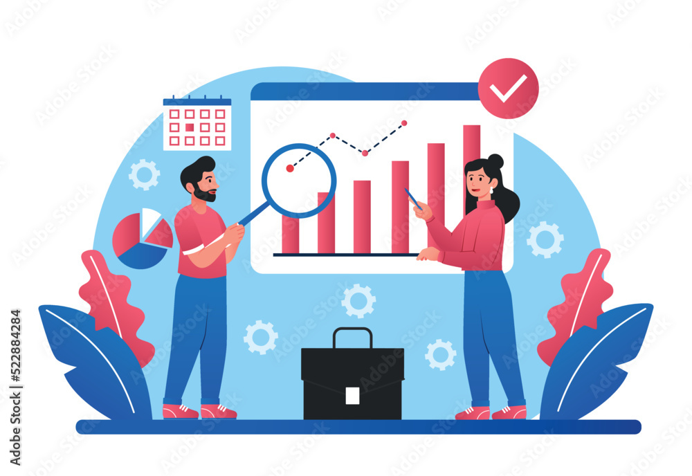 Development focus concept. Man and girl evaluating charts. Analytical ...