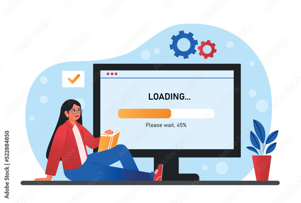 Woman waiting loading. Young girl downloads files on Internet, opens ...