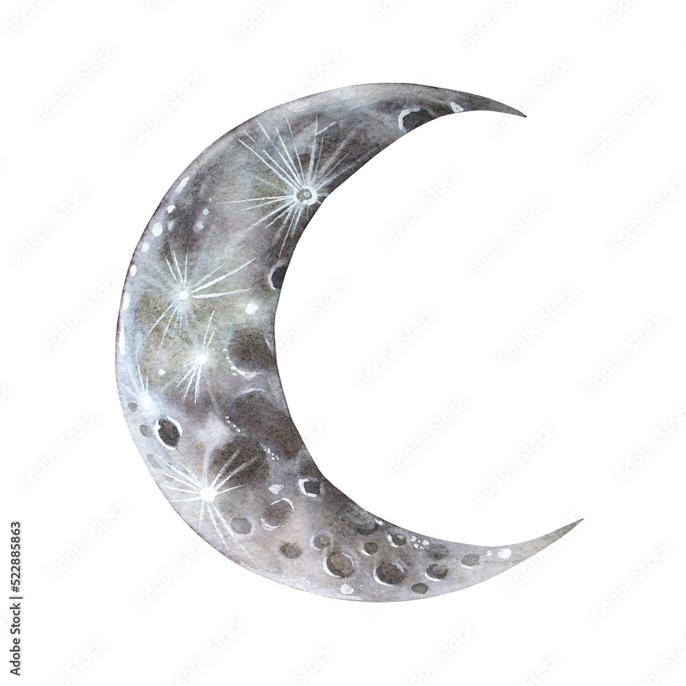 Watercolor magic moon month isolated on white background. Hand-drawn ...