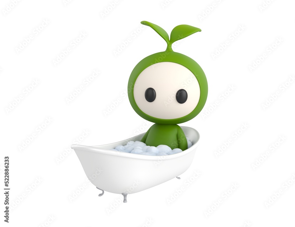 Leaf Mascot character lying in bath tub with foam in 3d rendering ...