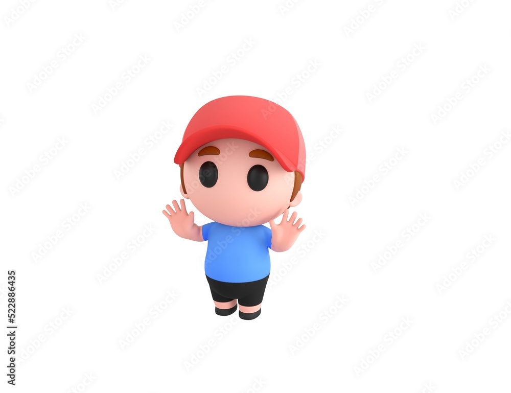 Little Boy wearing Red Cap character raising hands and showing palms in ...