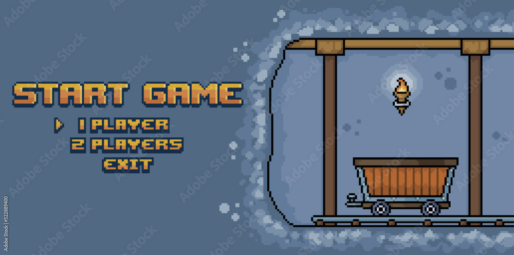 Pixel art mining game home screen. Underground mine with ore cart. 8bit ...