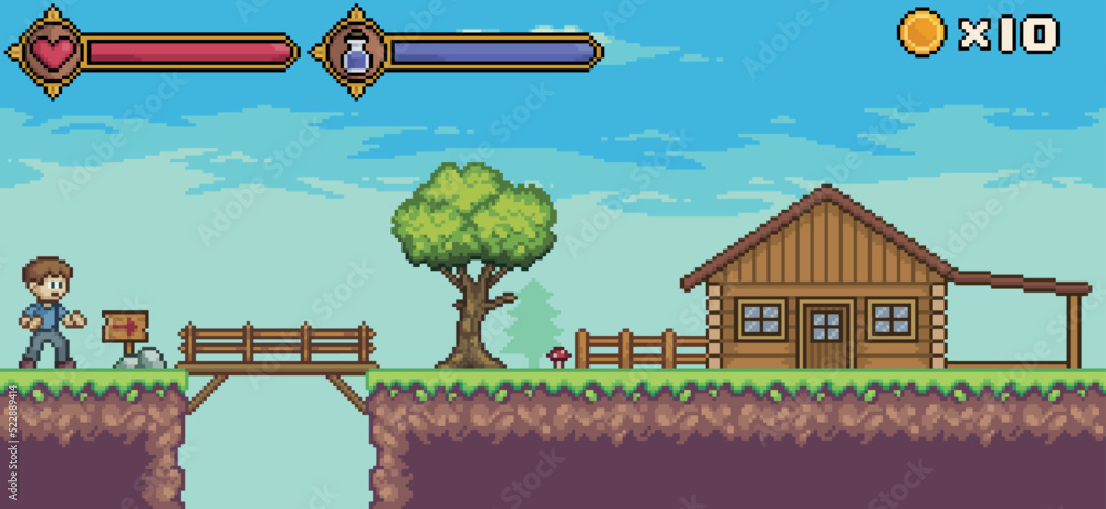 Pixel art game scene with character, life bar and mana, house, tree ...