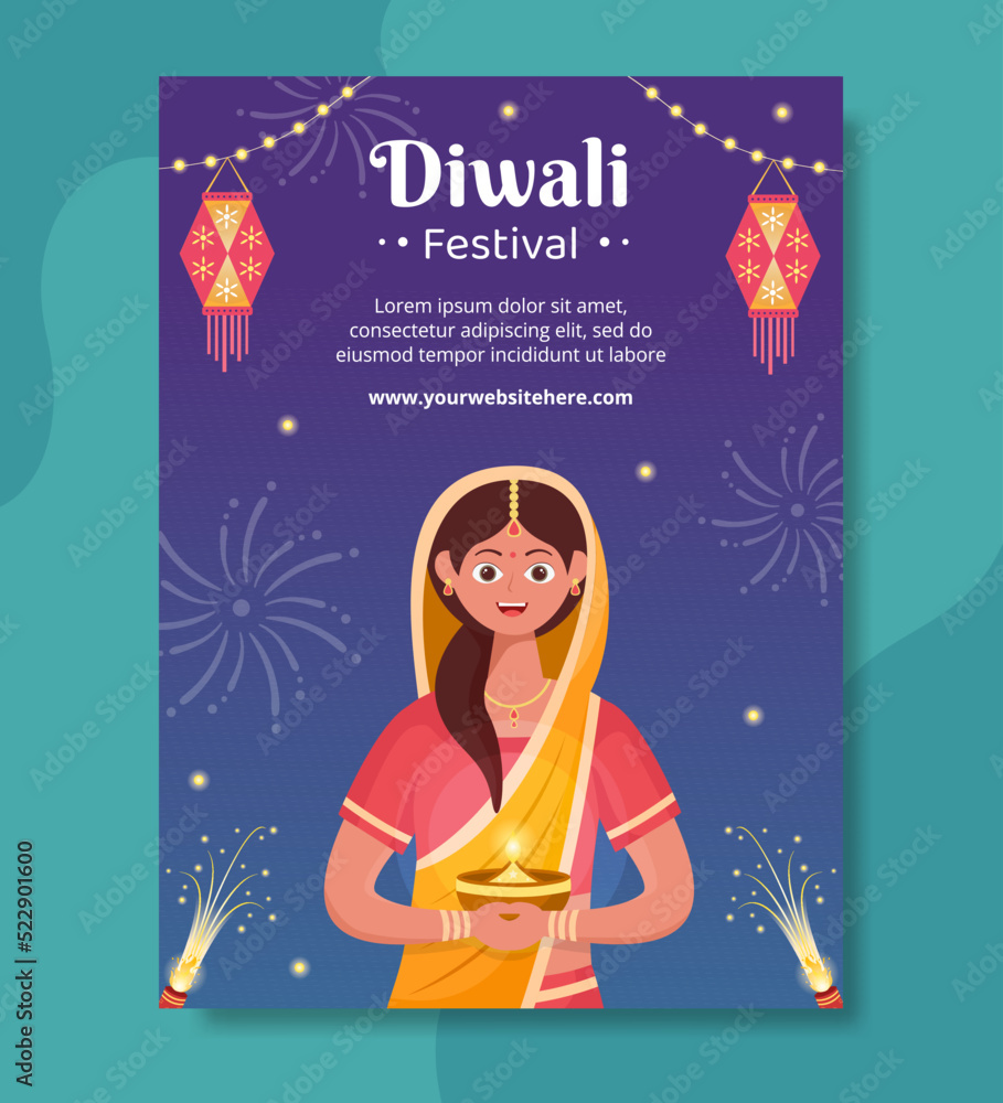 Indian Celebrating Diwali Day Poster Template Hand Drawn Cartoon Flat ...