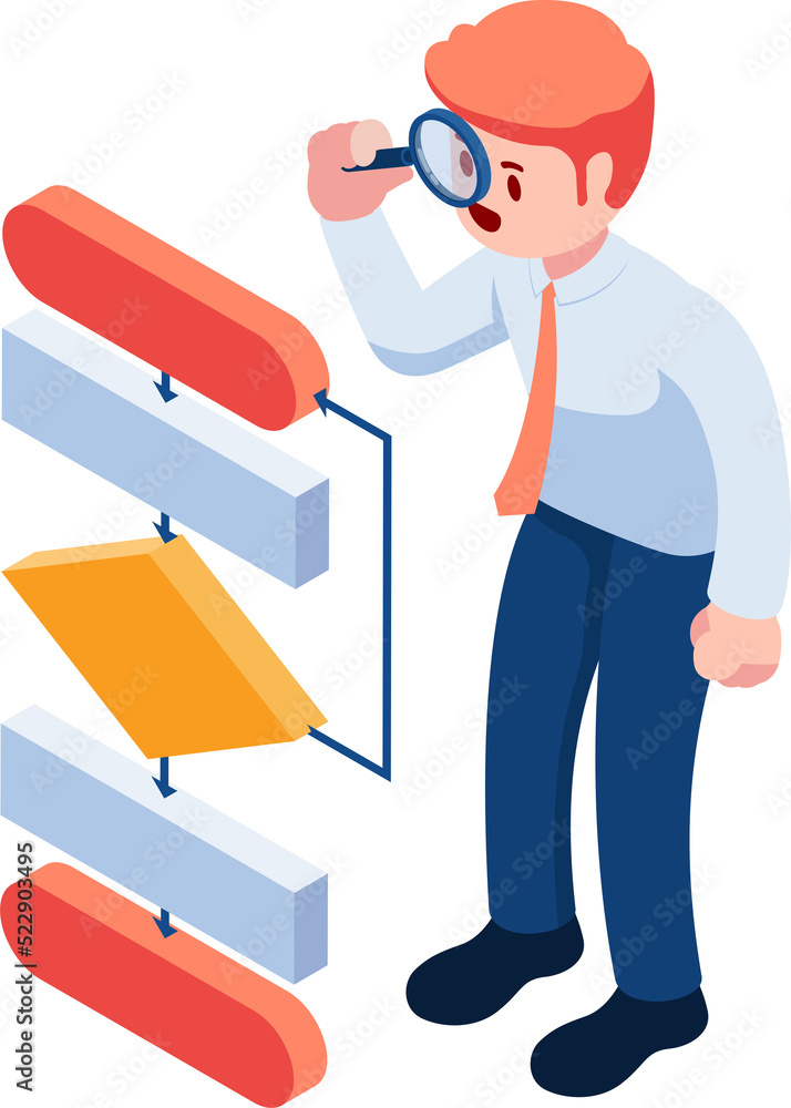Isometric Businessman Looking at Flow Chart Through Magnifier Stock ...