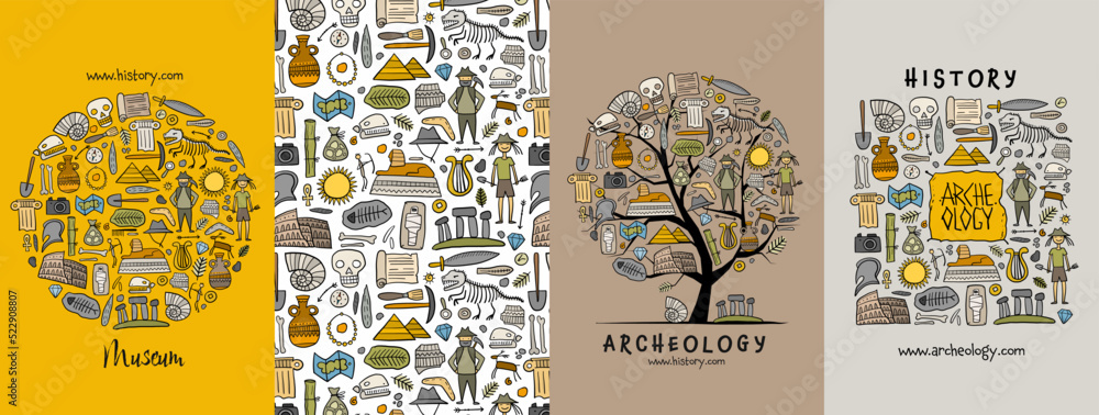 Archelogy, historic concept arts collection. Frame, background, tree ...