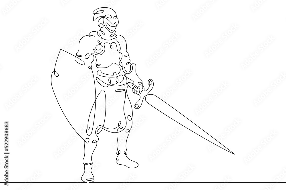 One continuous line.Medieval knight. Fantasy hero in heavy armor ...