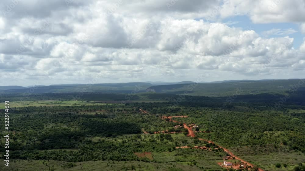 Beautiful aerial drone shot of the Brazilian countryside with a small ...