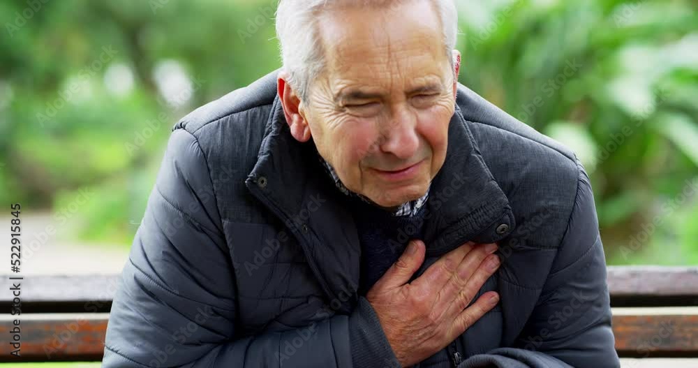 Heart attack, cardiac arrest and chest pain with a senior man suffering ...