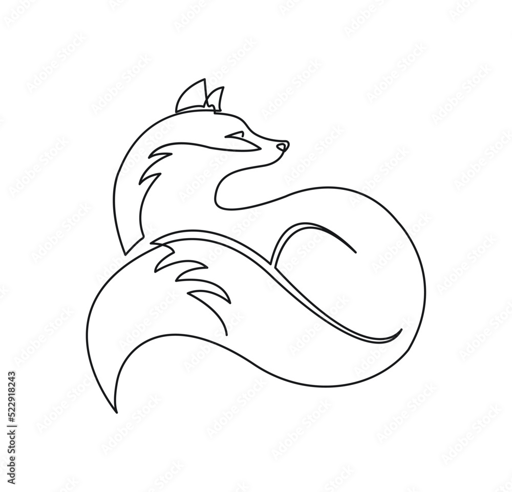 Fox one line drawing on white isolated background. Line drawing of fox ...