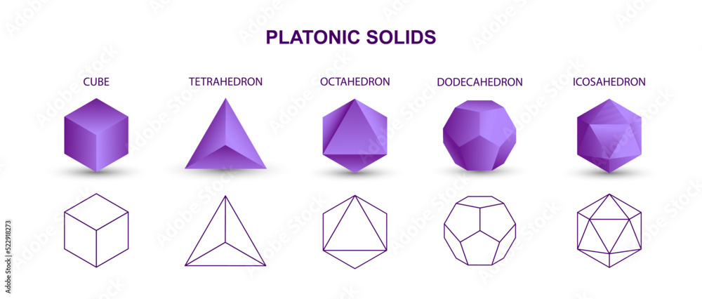 Set of purple vector editable 3D platonic solids isolated on white ...