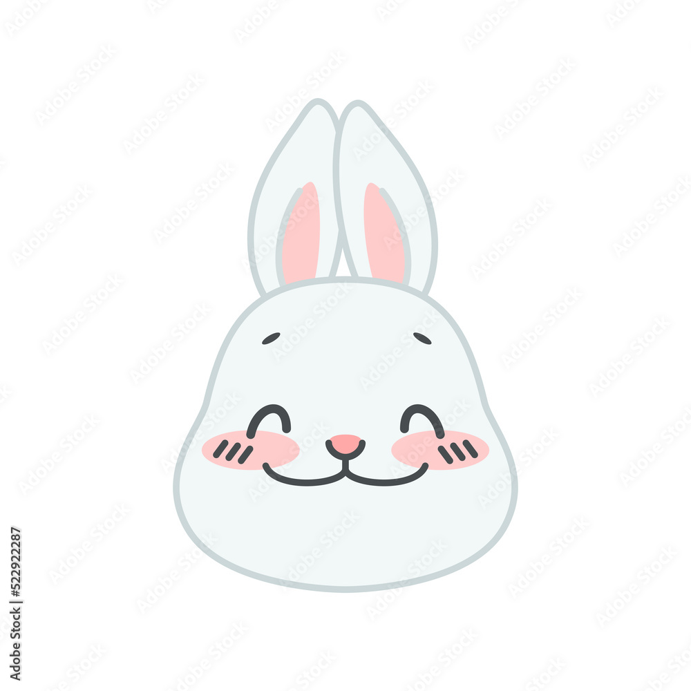 Cute blushing and smiling bunny face. Flat cartoon illustration of a ...