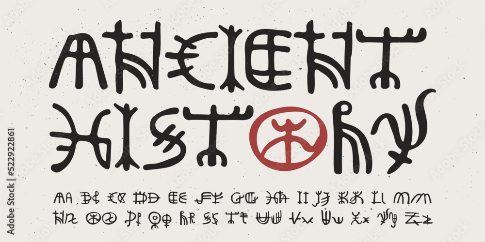 Alphabet in Ancient historical style. These icons based on rock art ...