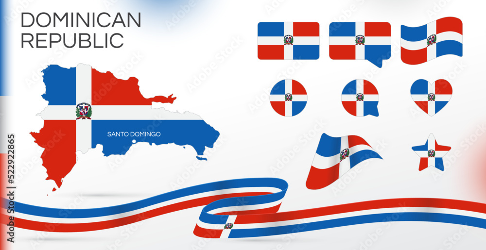 Dominican republic flags set. Various designs. Map and capital city. World flags. Vector set ...