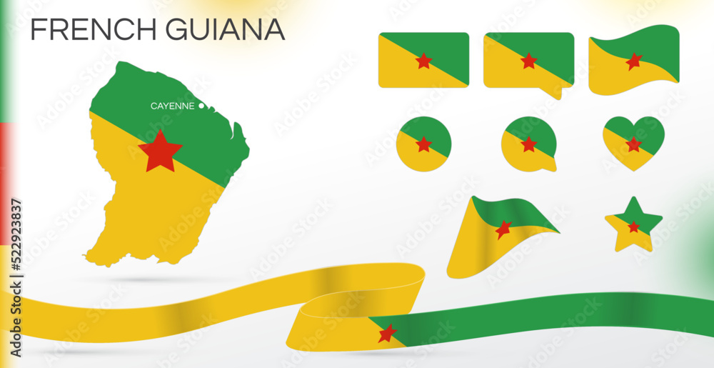 French Guiana flags set. Various designs. Map and capital city. World flags. Vector set. Circle ...