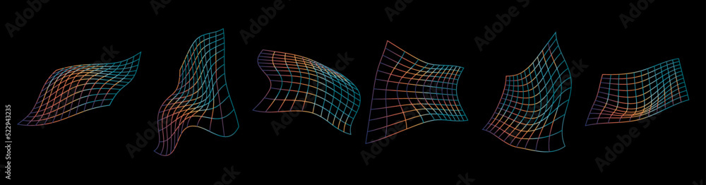 Vector planes with gradient lines. Grid of curved and twisted lines on ...