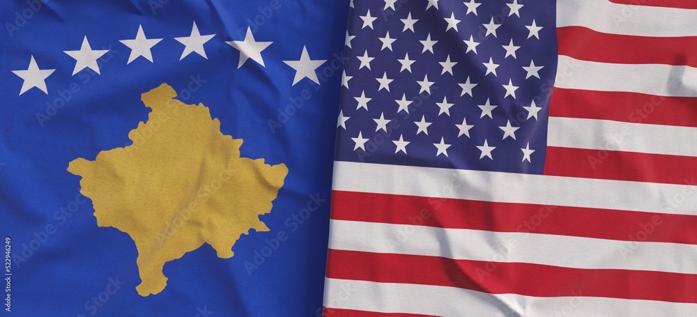 Kosovo and USA flags. Linen flag close-up. Flag made of canvas. Balkans ...
