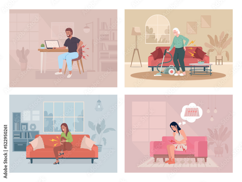 People suffering from different pain flat color vector illustrations ...