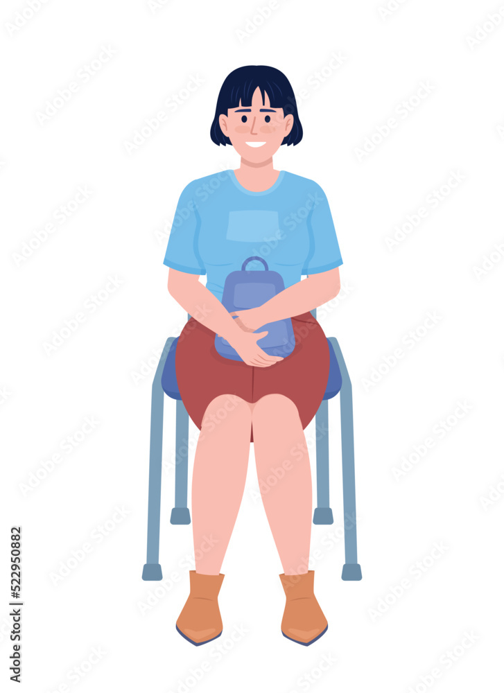 Woman with backpack sitting on chair semi flat color vector character ...