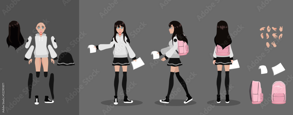Teen girl with a backpack. girl animation package. Girl in a skirt in ...