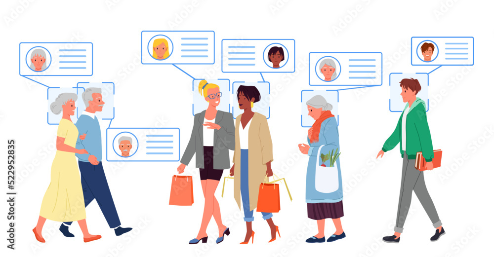 Face recognition for people on city street vector illustration. Cartoon ...